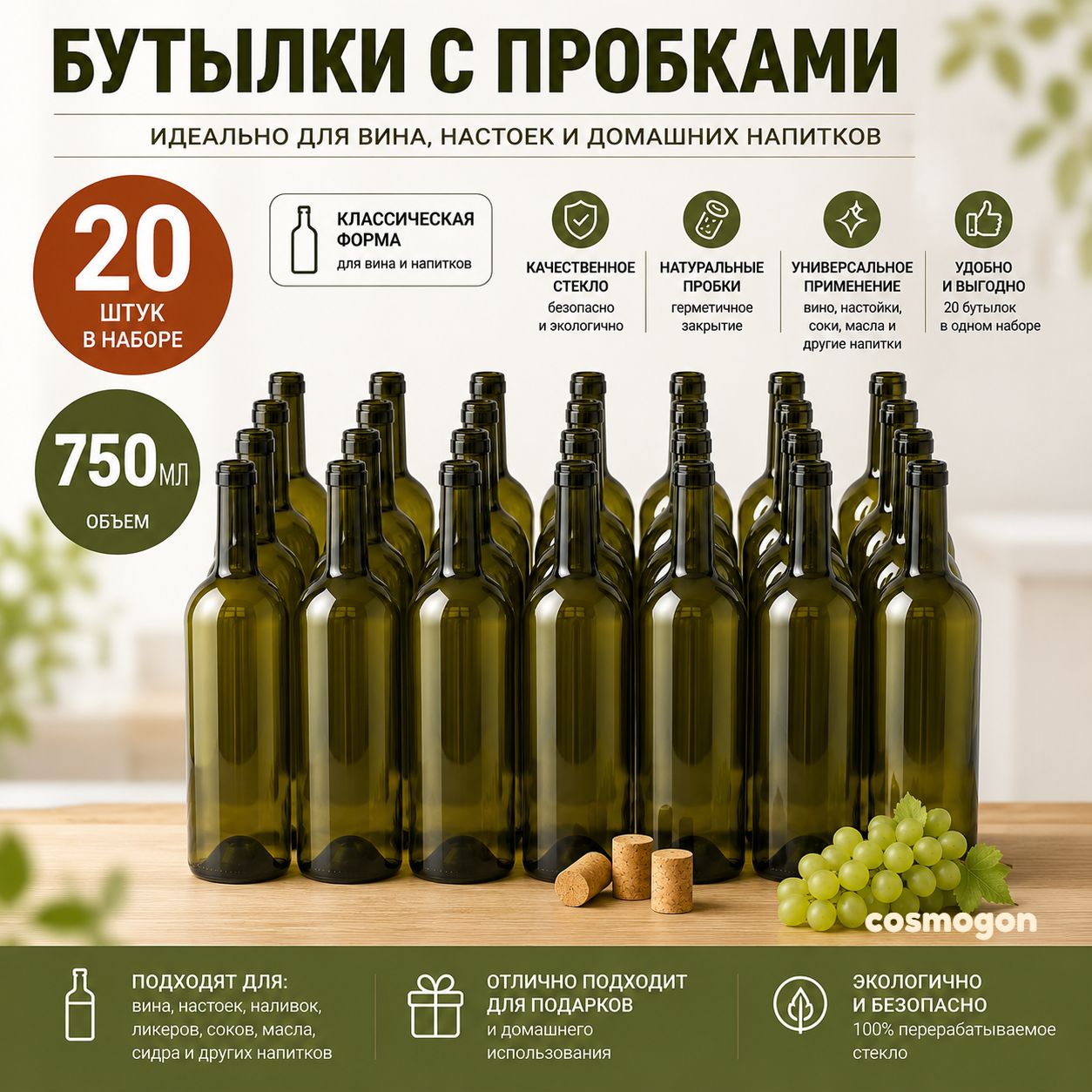 Бутылки винные оливковые Бордо0,75 л комплект 20 штук с пробками