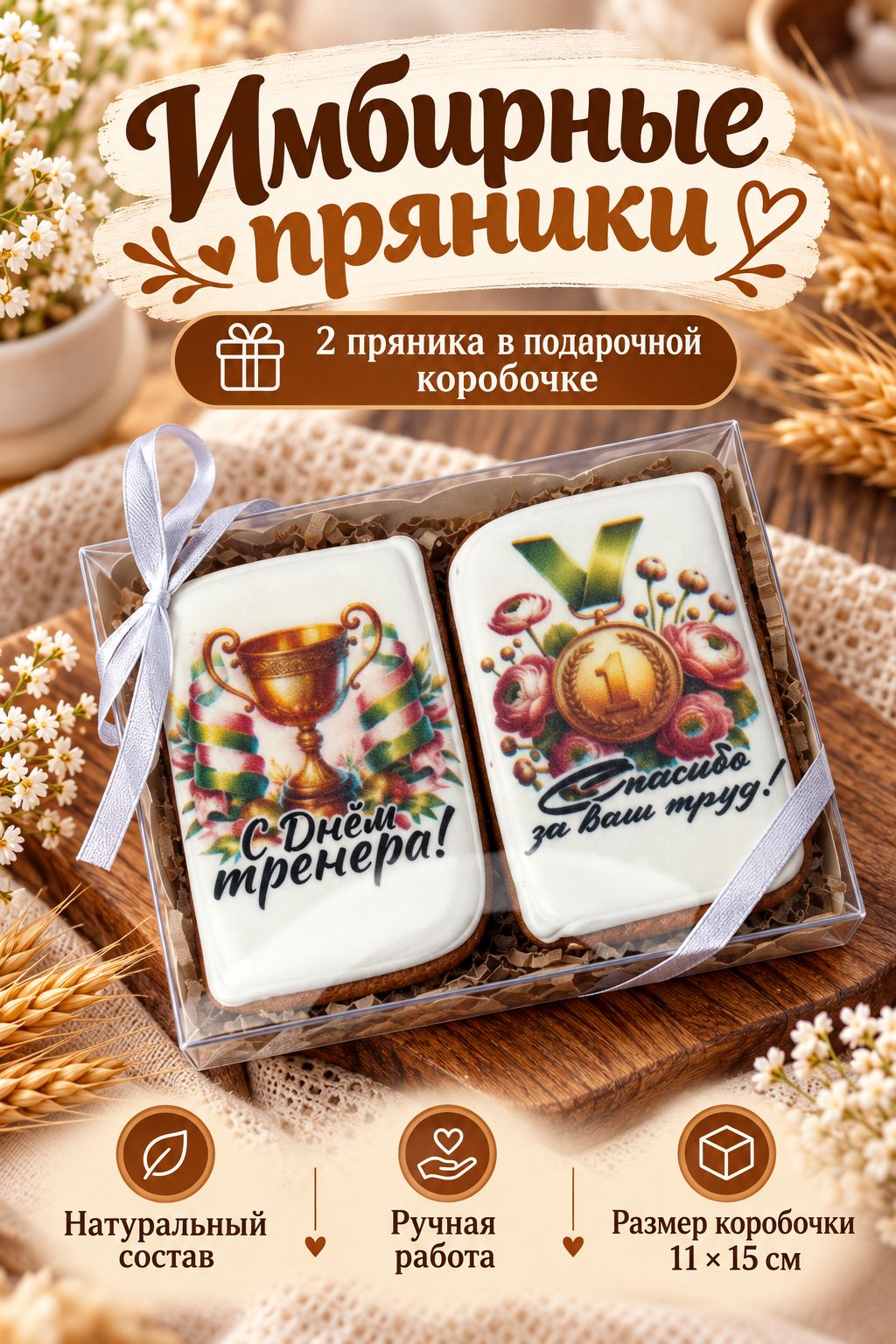 Имбирные пряники на день тренера , 2 шт в подарочной коробочке