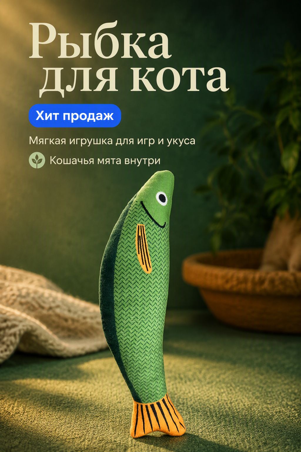 Игрушка для кошек рыба-плюш, мягкая игрушка для укуса и игры, зелёная, для дома и котят