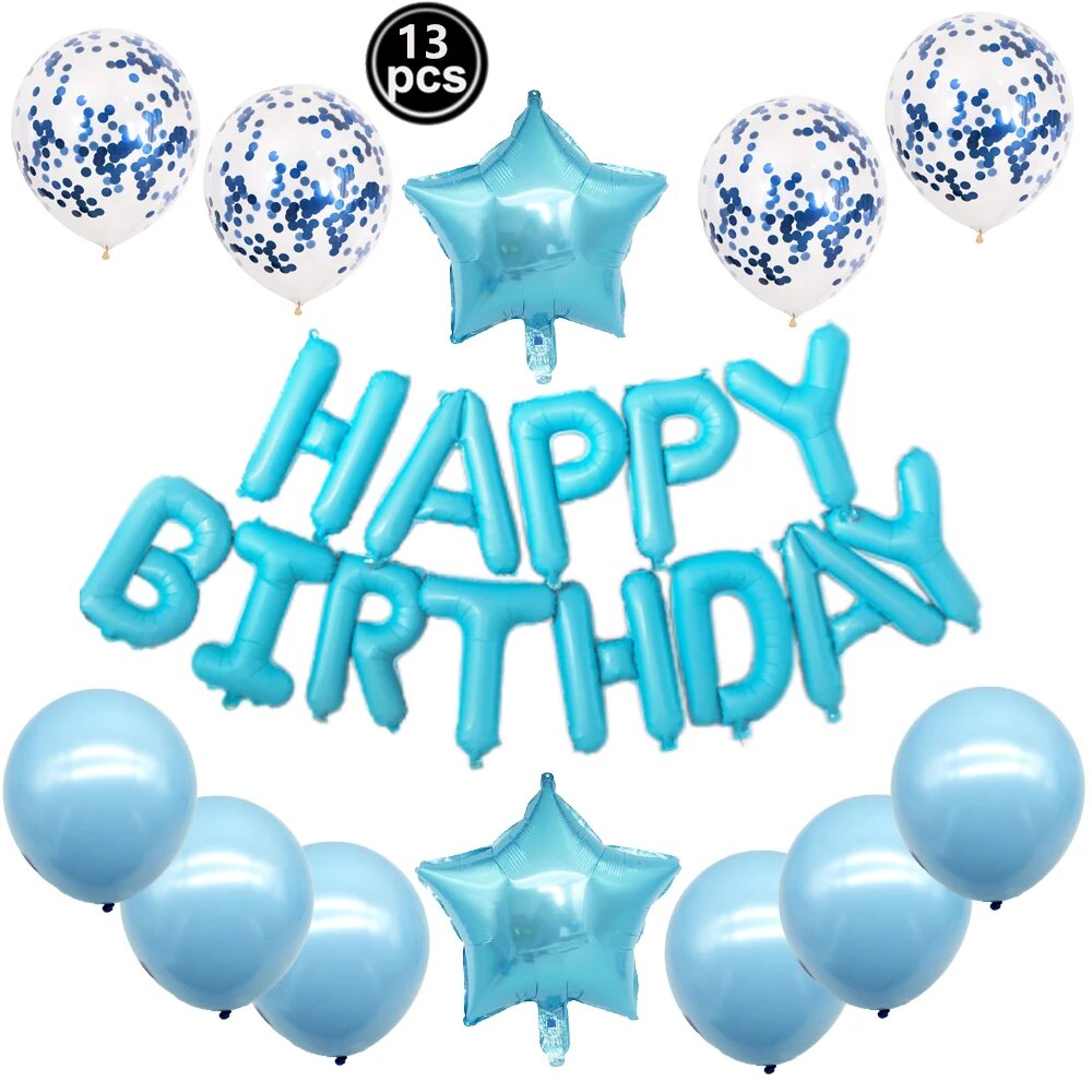 Светло-голубые шары "Happy Birthday" с баннером, 13 шт