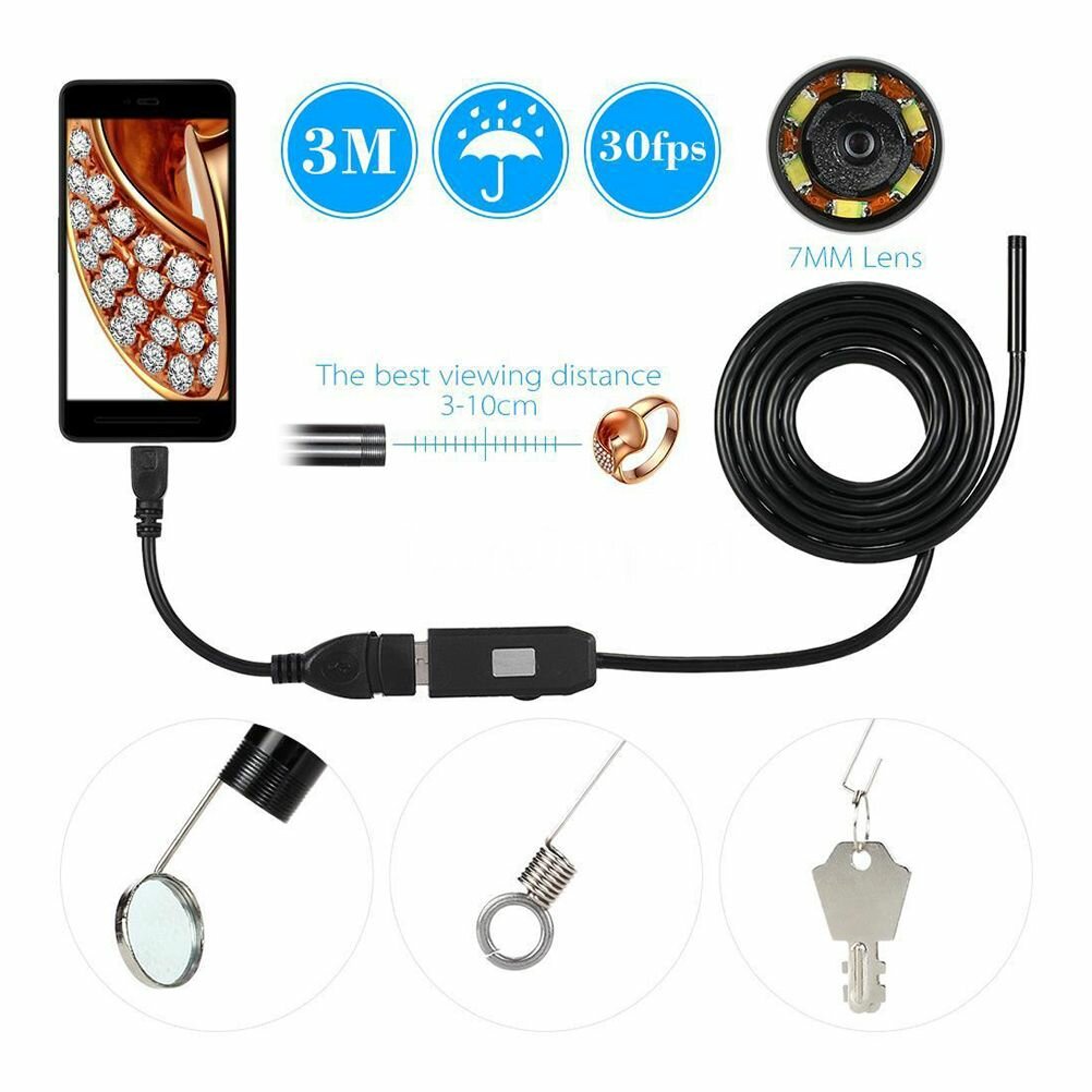 Проводной эндоскоп 7 мм — камера 1.3Мп для технической диагностики USB для телефона/ПК, 2 м кабеля, 6 LED, IP67