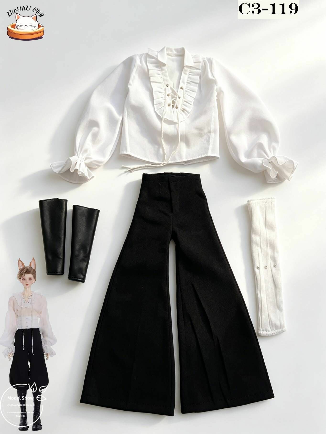 BwithUSky C3-119 for BJD 1/3 Joshua Комплект для БЖД: белая рубашка с оборками и черные брюки с аксессуарами