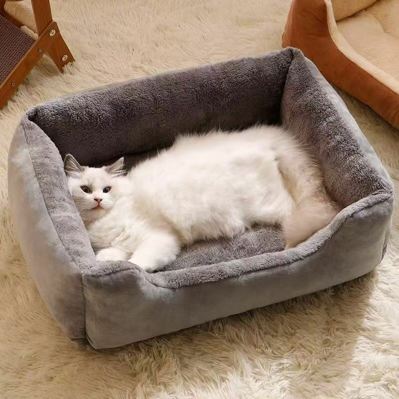 Теплая лежанка для кошек и собак, зимняя, универсальная, для авто и дома, плюш и нейлон, серая, прямоугольная