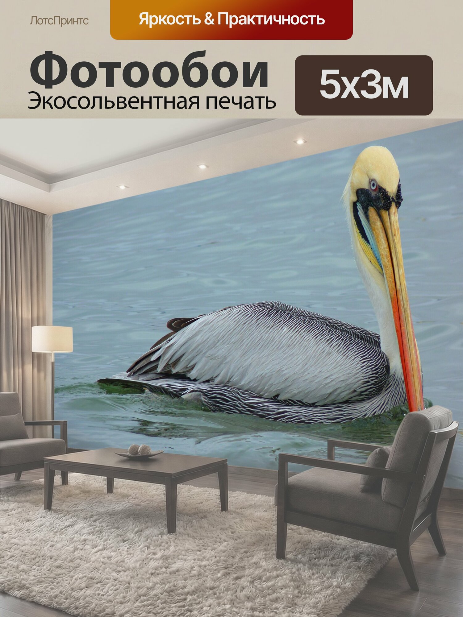 Фотообои "Пеликан, вода, птица" 500x300 см. экосольвентная печать