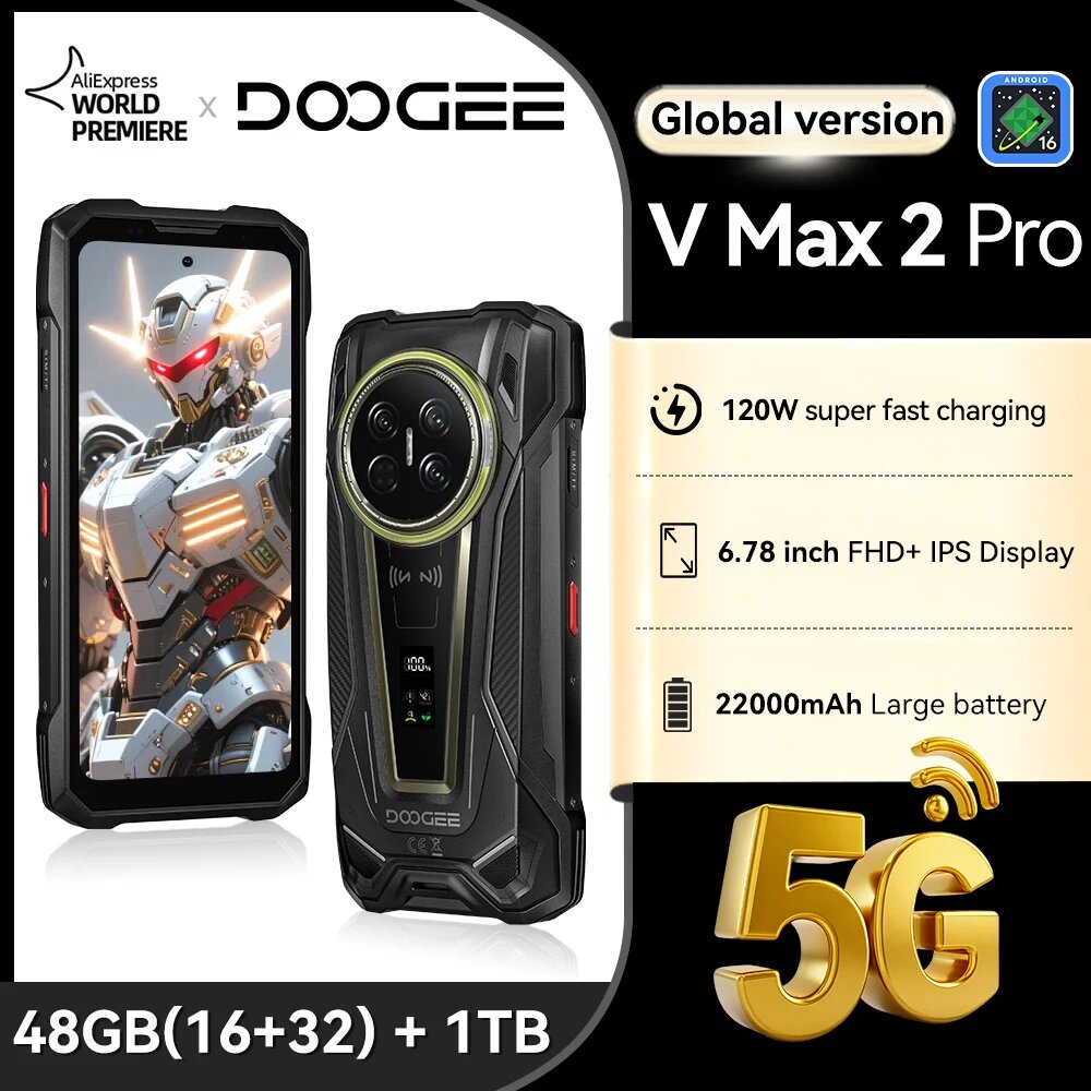 DOOGEE V Max 2 Pro 5G, 48GB+1TB, 22000mAh, 120W, Черный