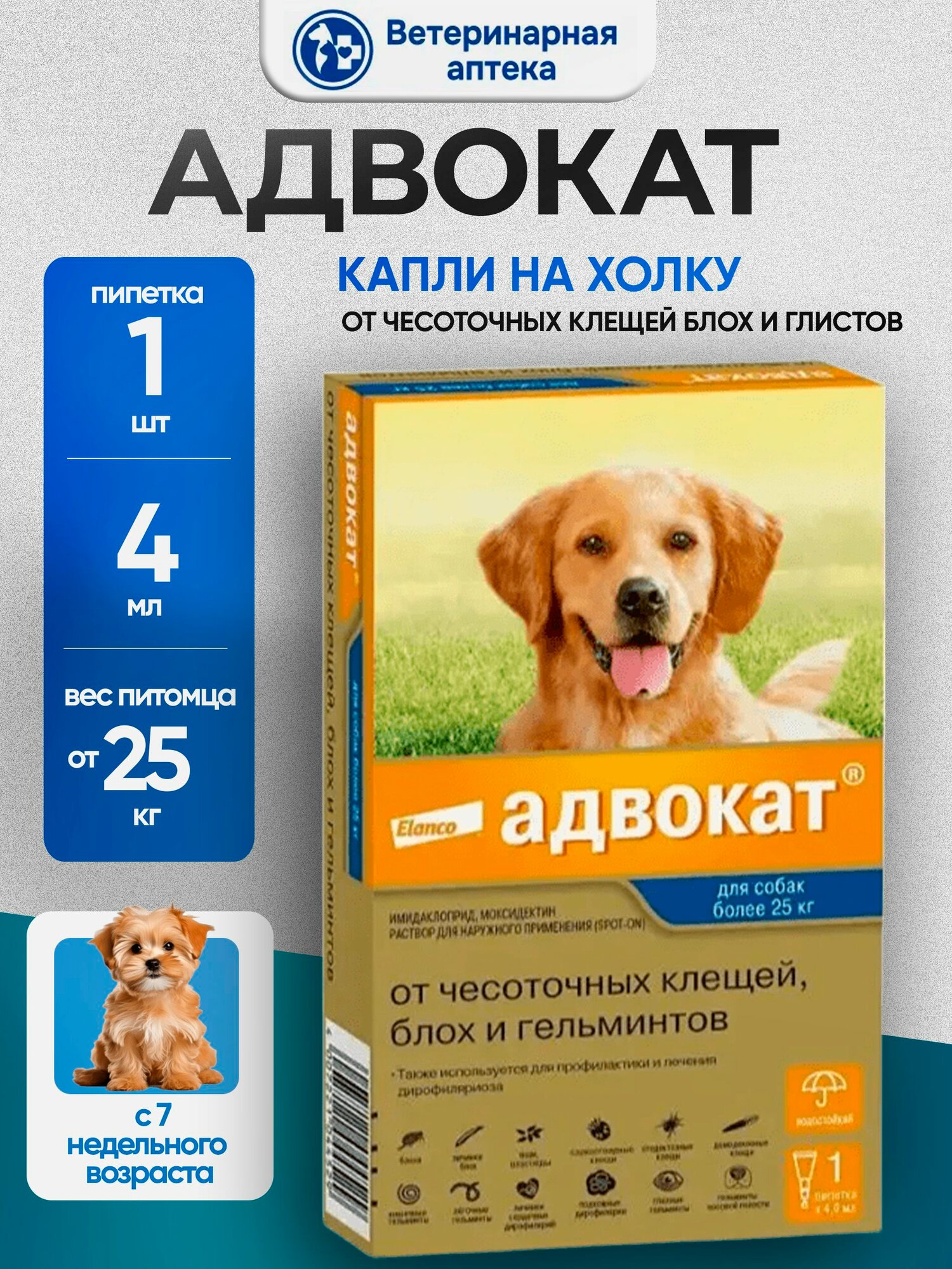 Адвокат Капли на холку от чесоточных клещей, блох и глистов для собак более 25 кг пипетка по 4,0 мл 1 шт