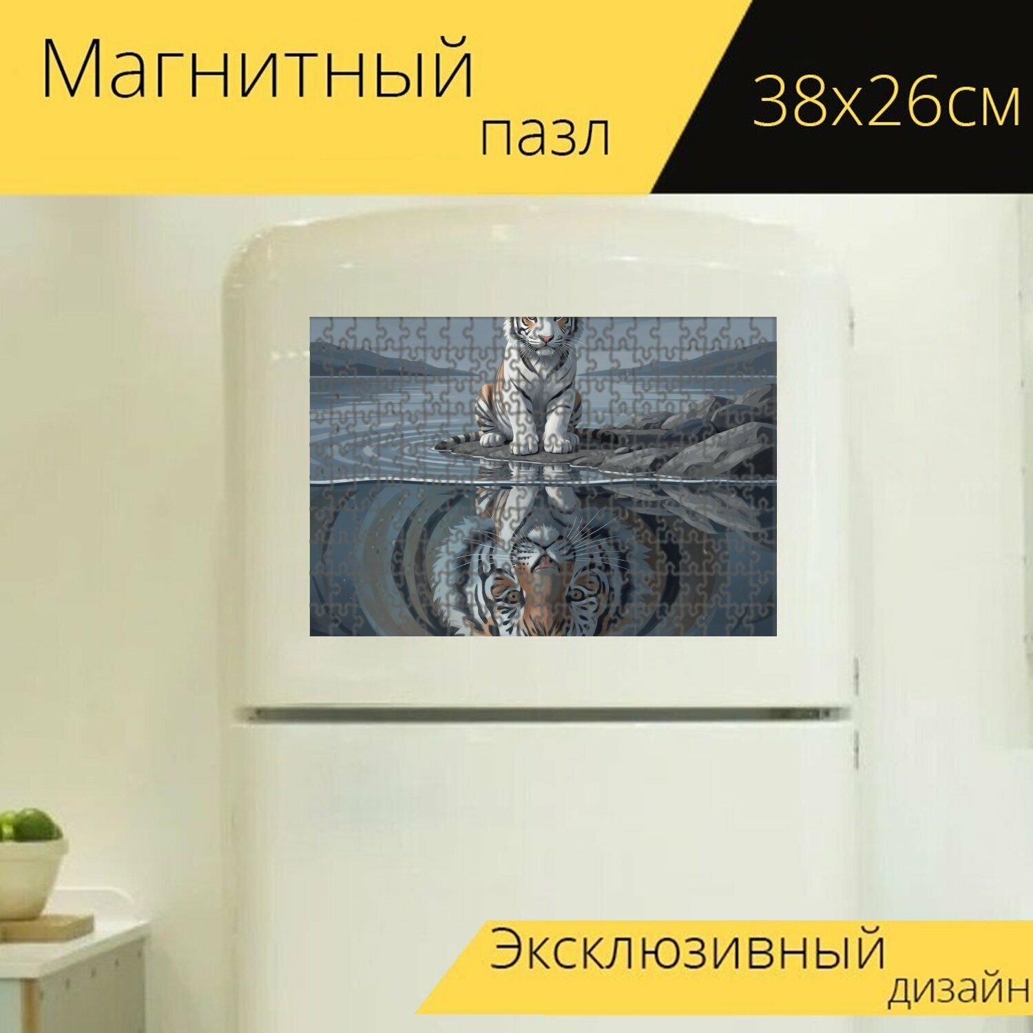 Магнитный пазл "Тигр у зеркальной глади. Полосатый зверь сидит на камне, а его второй образ уходит в глубину. Холодные серо-голубые оттенки." для интерьера, 38х26 см.