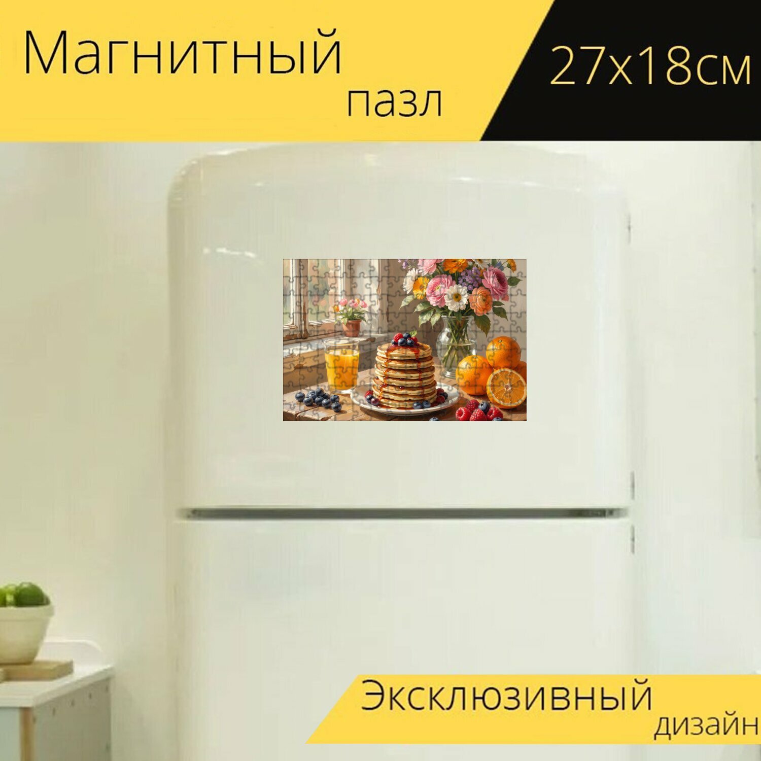 Магнитный пазл "Солнечный завтрак у окна. Уютная домашняя сцена с высокой стопкой блинчиков, медовым сиропом, ягодами, апельсинами и букетом цветов в." на холодильник 27 x 18 см.