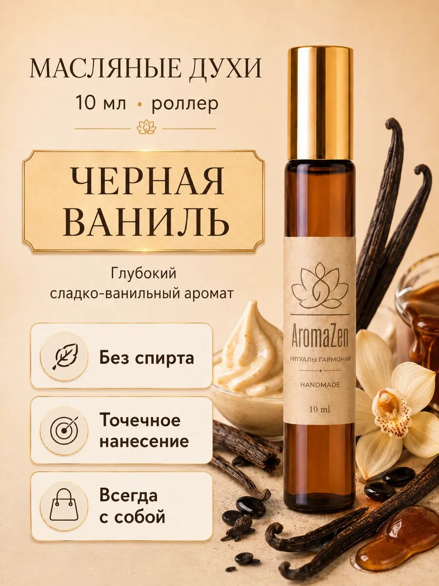 Масляные духи роллер "Черная ваниль", женские, без спирта, шариковые, 10 мл