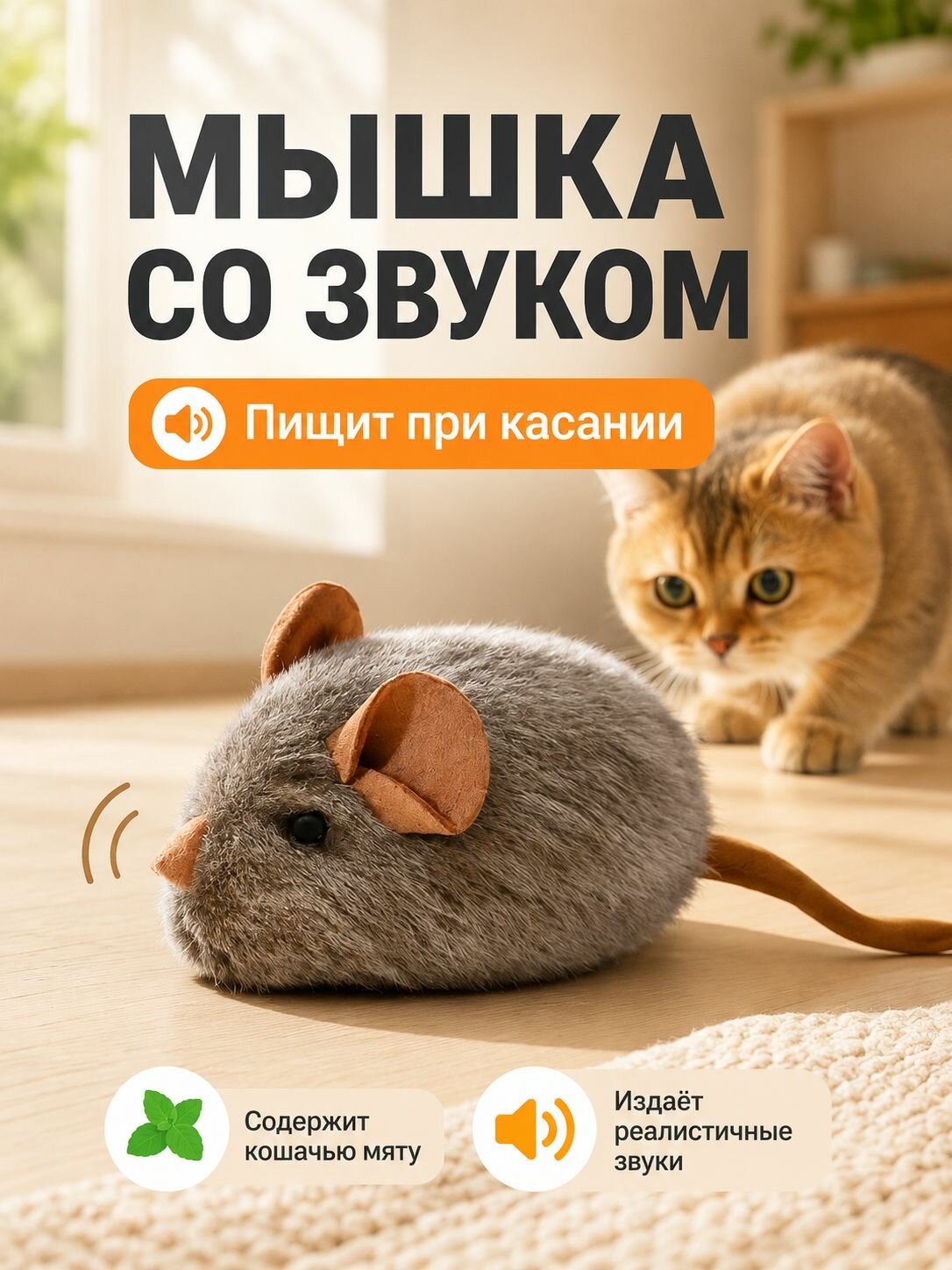 Игрушка для кошек со звуком, интерактивная мышка пищалка с кошачьей мятой