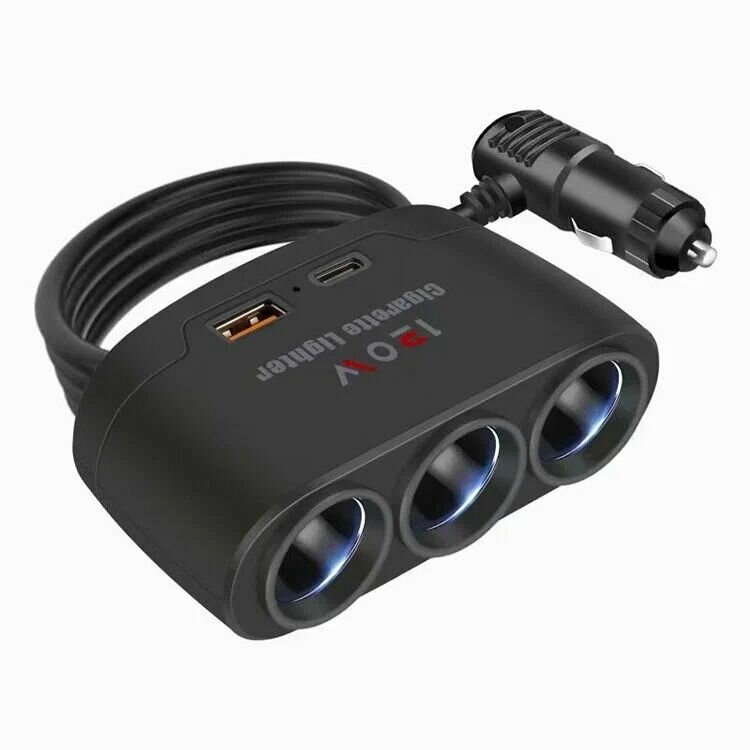 Авто Разветвитель Разветвитель, 80Вт, 3 разъема + 1 USB (2.1А) , 1 Type-C, удлинитель в машину, чёрный