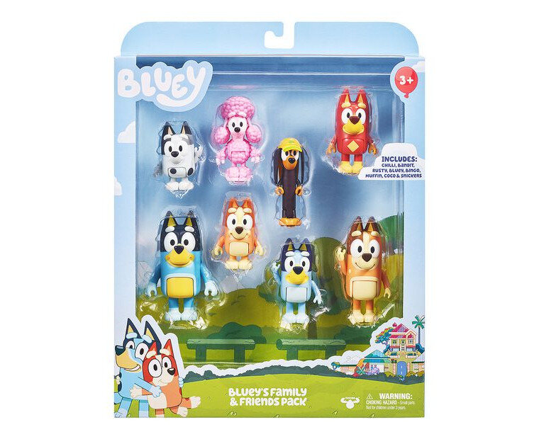 Bluey Family & Friends 8 Figure Multi Pack - Набор коллекционных игрушек, включает 8 фигурок: Chilli (мама), Bandit (папа), Rusty, Bluey, Bingo, Muffin, Coco и Snickers, масштаб approx 7.5cm, для возрастов 3+ лет