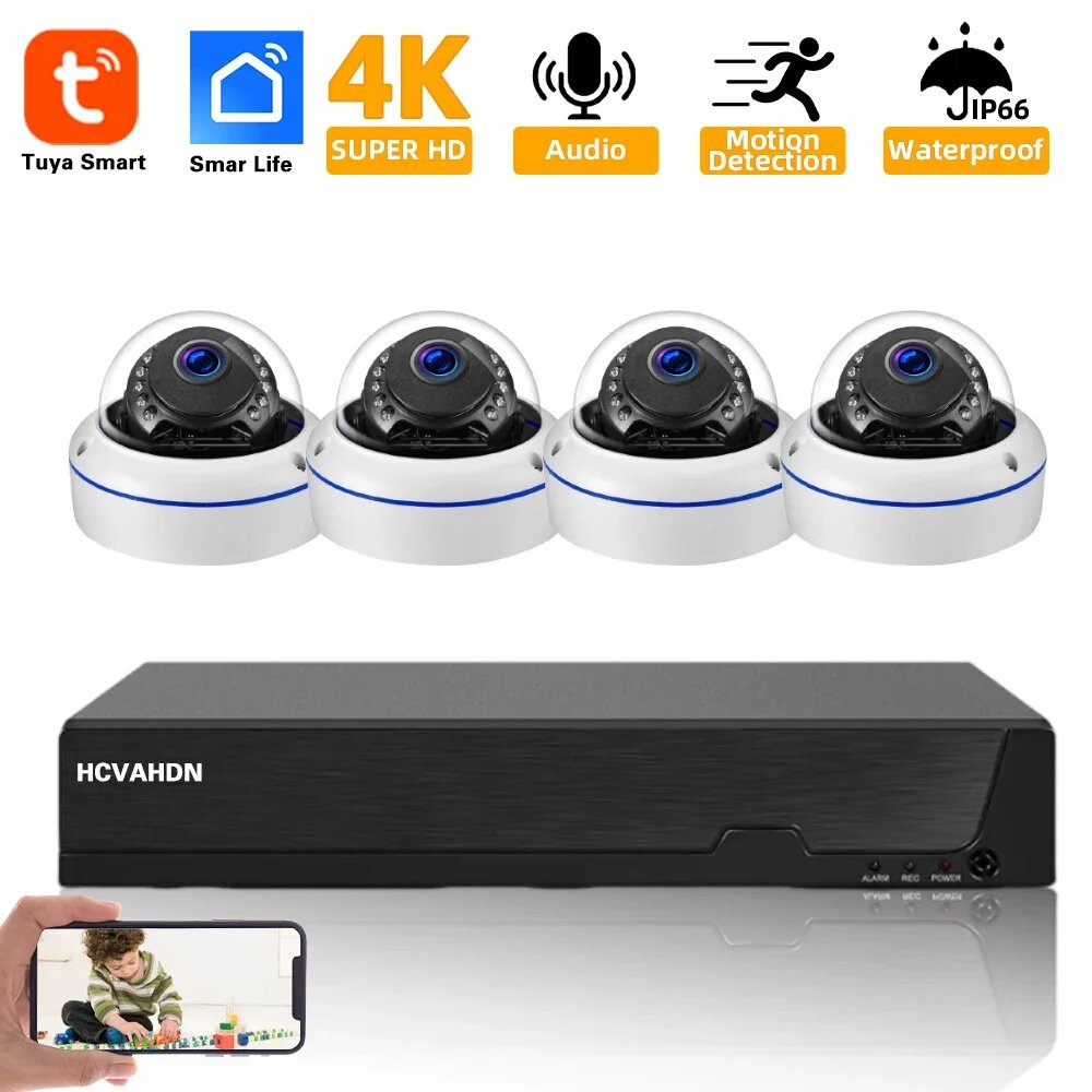 Система безопасности с камерой Tuya 8MP 4K 8-канальная взрывобезопасная наружная POE NVR с детекцией людей CCTV купольная камера для домашнего видеонаблюдения