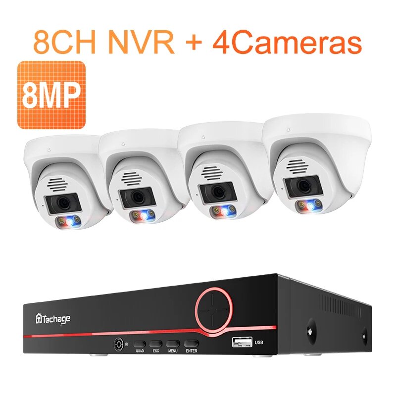 Система видеонаблюдения Techage 8CH 4K PoE с регистратором NVR 8MP CCTV с двусторонним аудио, распознаванием лиц, цветным ночным видением, кодеком H.265, поддержкой P2P и ONVIF