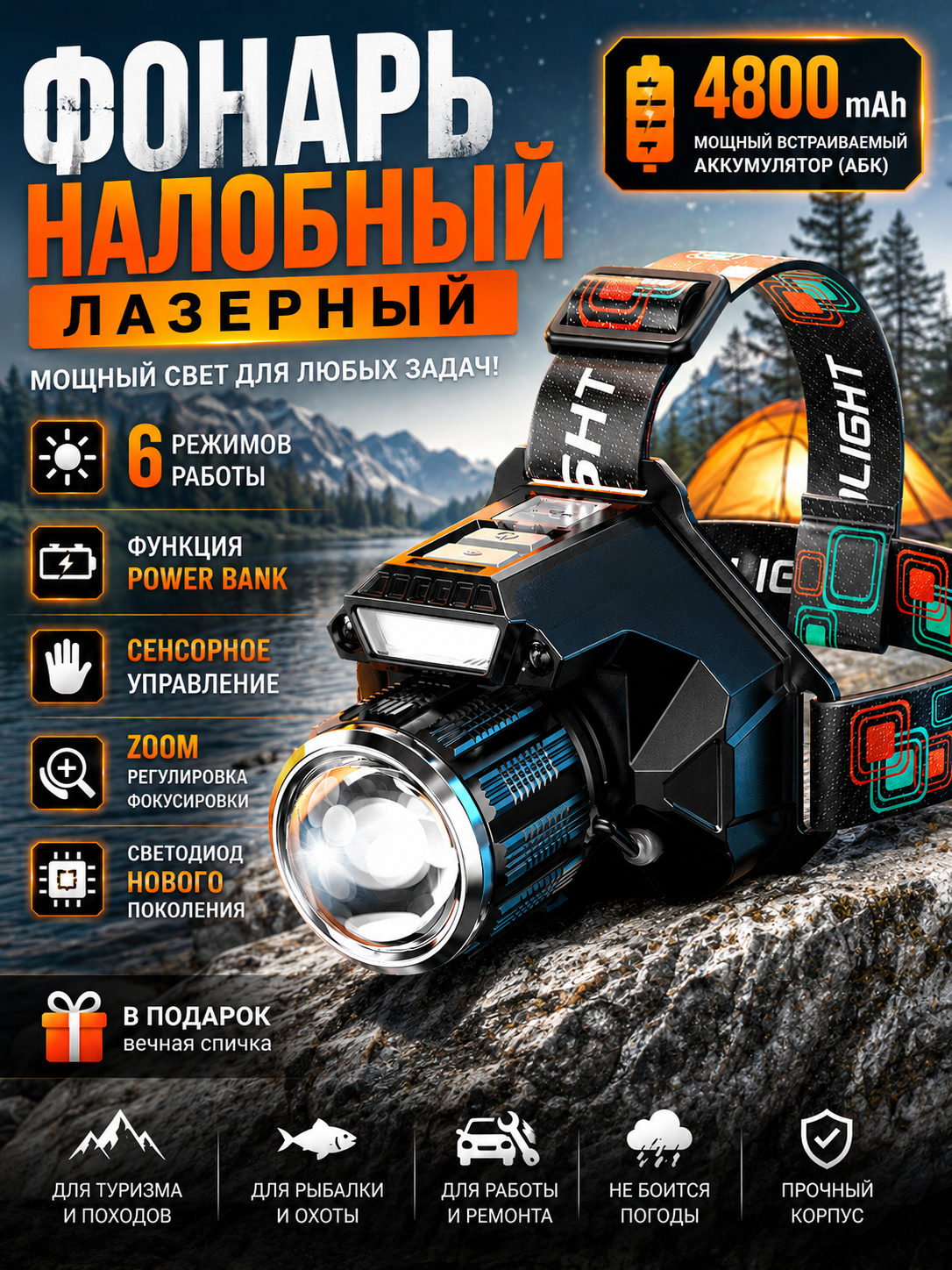 Фонарь налобный аккумуляторный светодиодный мощный с USB зарядкой, лазерный дальнобойный, сенсорный с датчиком движения