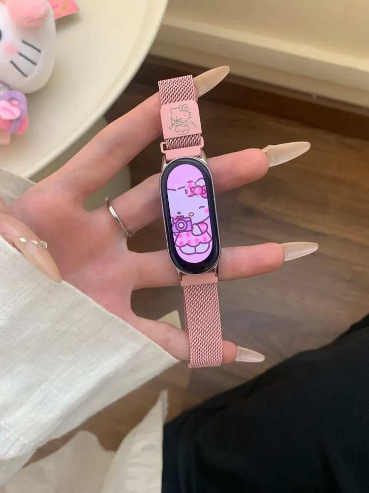 Металлический ремешок для Xiaomi Mi 8/ 9/ 10 (Xiomi Mi Band 8 9 10), миланская петля на магнитной застежке, милыми Hello Kitty рисунком, мультяшный стил
