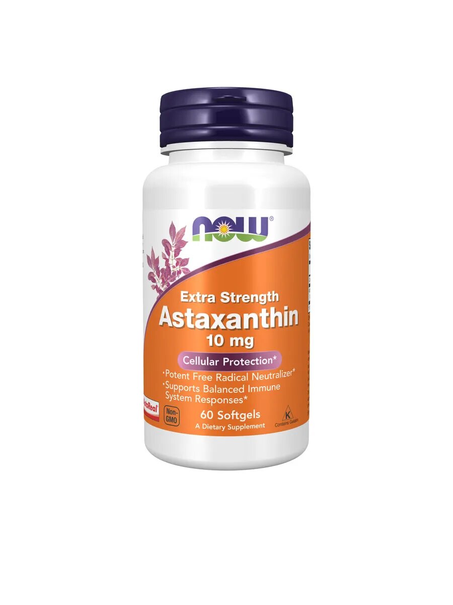 NOW Astaxanthin, Extra Strength Астаксантин,10мг 60 мягких капсул двойной силы, Витамины для глаз, для зрения, для мозга