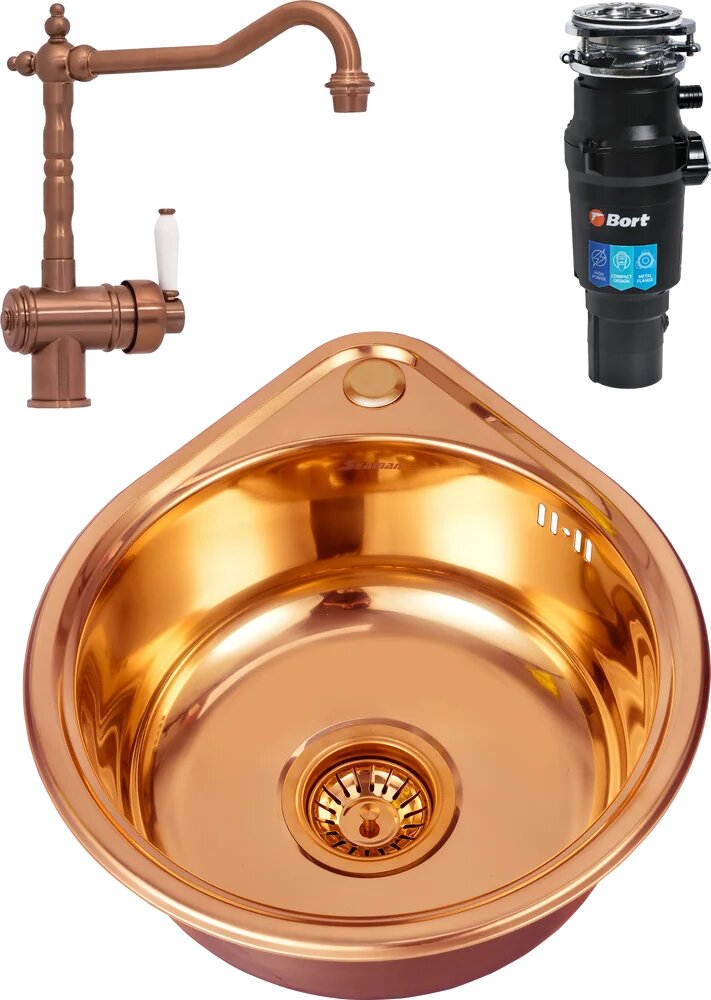 Комплект Мойка Seaman Eco Wien SWT-3945 39x45, copper polish, нержавеющая сталь / Смеситель Barcelone SSL-5077 сатиновая медь (copper satin), сатиновая медь (copper satin) / Измельчитель Bort Titan 70