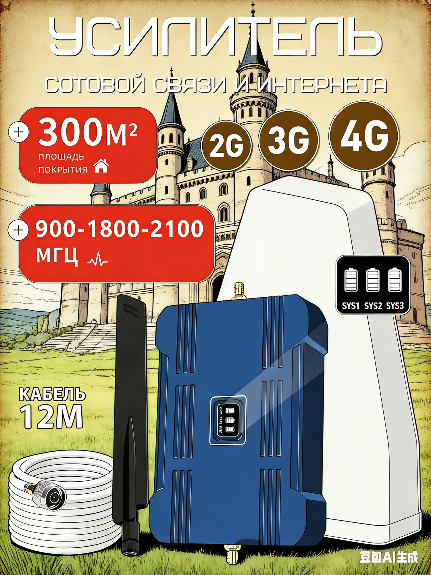 Усилитель сотовой связи 900/1800/2100 МГц (2G/3G/4G): до 70 км, направленный, синий, 1.3 кг