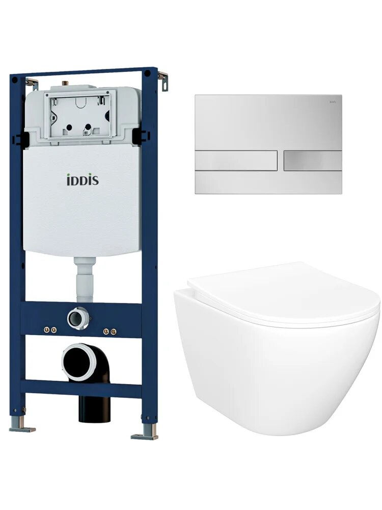 Комплект 4 в 1: Инсталляция IDDIS Профикс (Profix) PRO0000i32 / Унитаз подвесной STWORKI Кронборг S28401WH безободковый, с микролифтом / Кнопка Юнификс (Unifix) UNI06CHi77, Комплект креплений