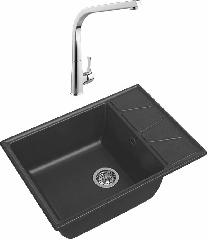 Комплект Мойка GranFest Vertex GF-V-680L 68x50, графит, искусственный мрамор / Смеситель MEGA Mega MG-SUN03 глянцевый хром