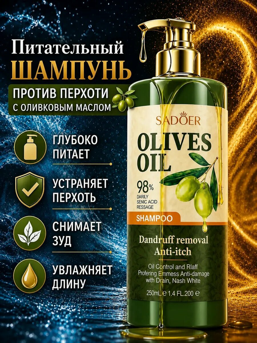 Шампунь SADOER, против перхоти, питательный, оливковое масло, для всех типов волос, 500мл