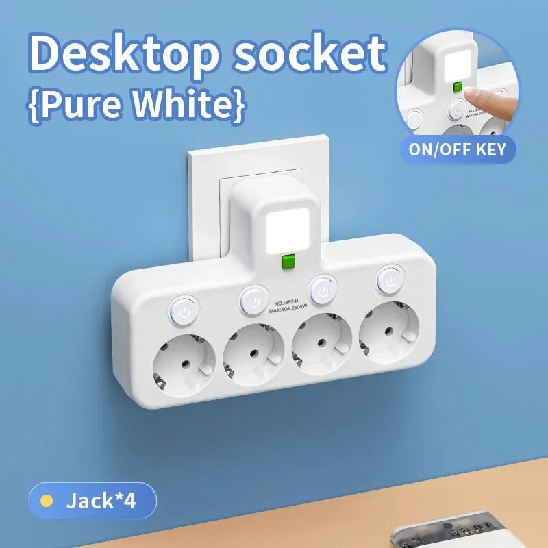 Розетка настольная Pure White B6241, 4 евророзетки, с подсветкой, ABS-пластик