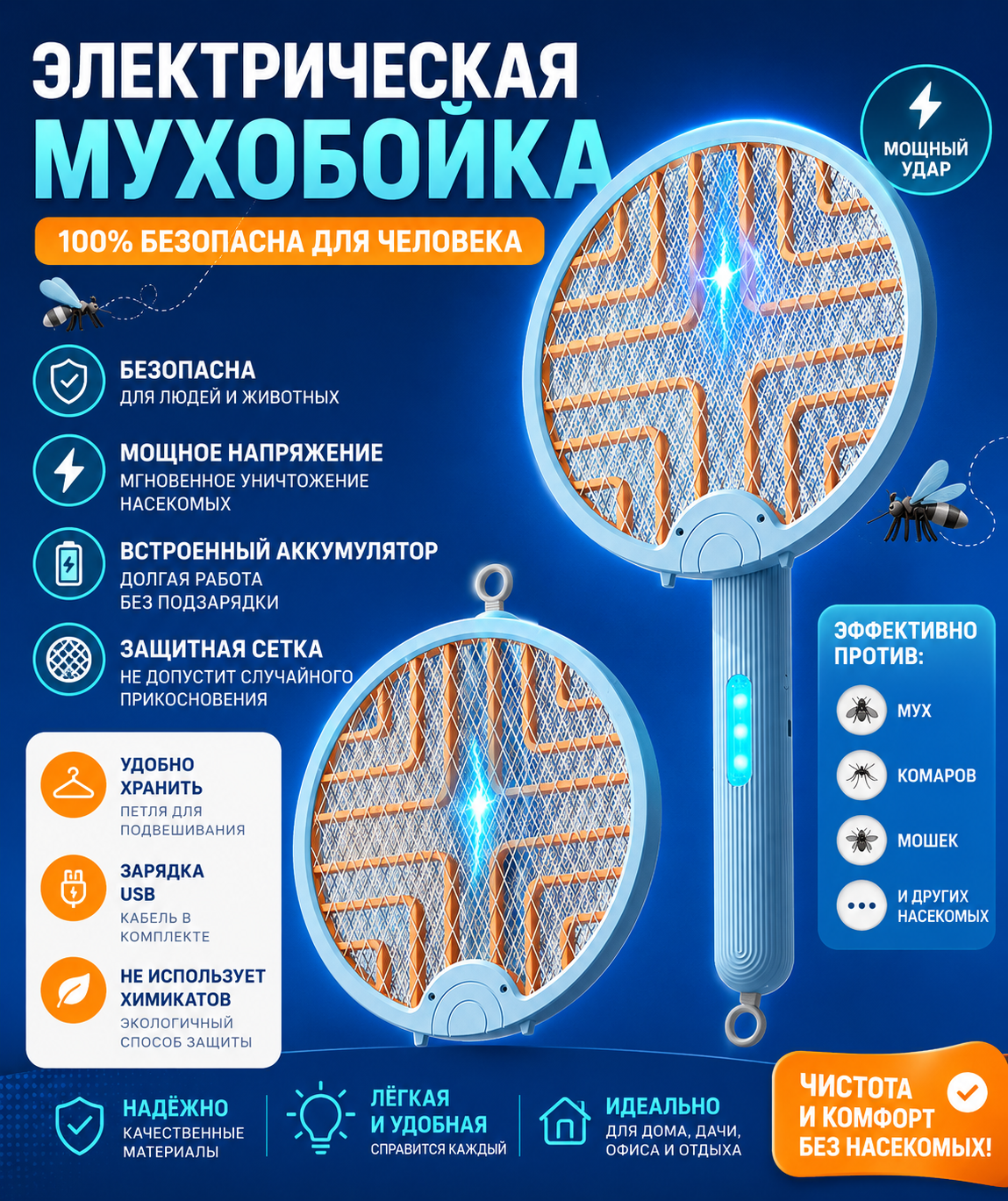 Электрическая мухобойка для уничтожения комаров, мух и других летающих насекомых, голубая