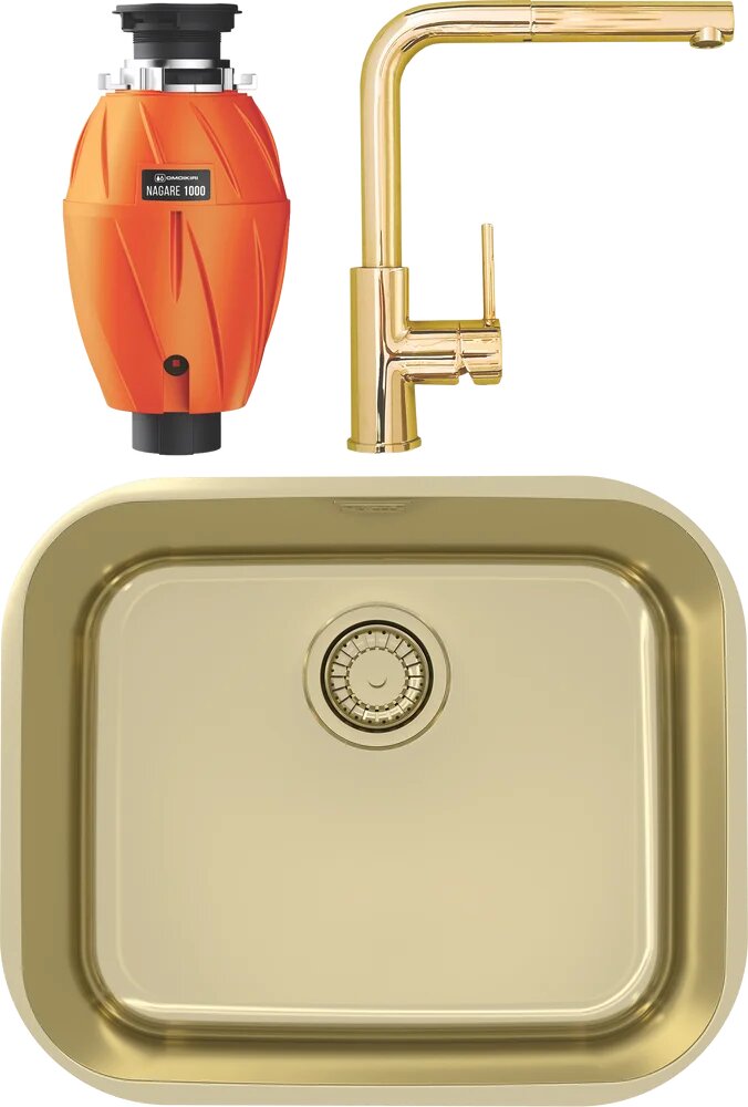 Комплект Мойка Alveus Variant Monarch 10 51x43, золото, нержавеющая сталь / Смеситель Zeos 1136501 с выдвижным изливом, золото, золото / Измельчитель Omoikiri Nagare 1000 электрический