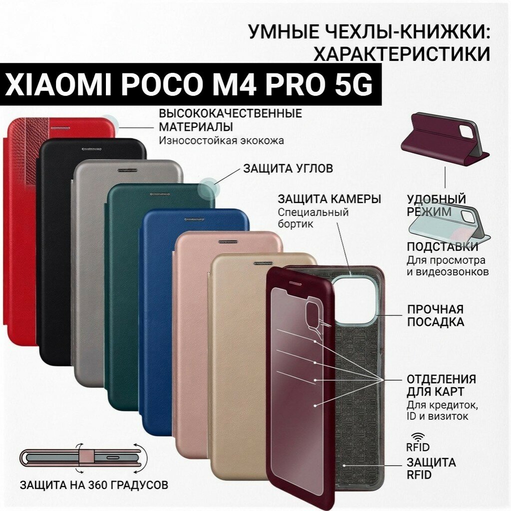 Чехол-книжка для POCO M4 PRO 5G с отделением для банковских карт, с функцией подставки, зеленый