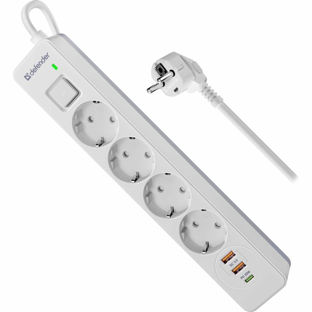 Удлинитель с сетевым фильтром Defender DFS 145 5 м, белый, 4 розетки, USB+Type C 99435