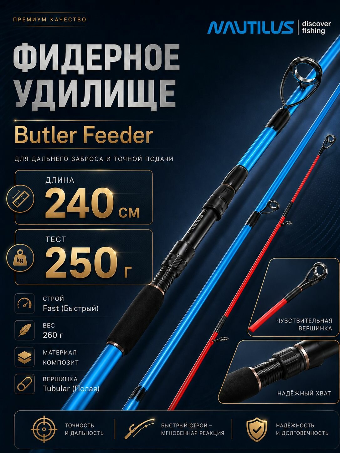 Удилище фидерное Nautilus Butler Feeder - FD 240см, 250г / удочка фидер наутилус батлер для рыбалки