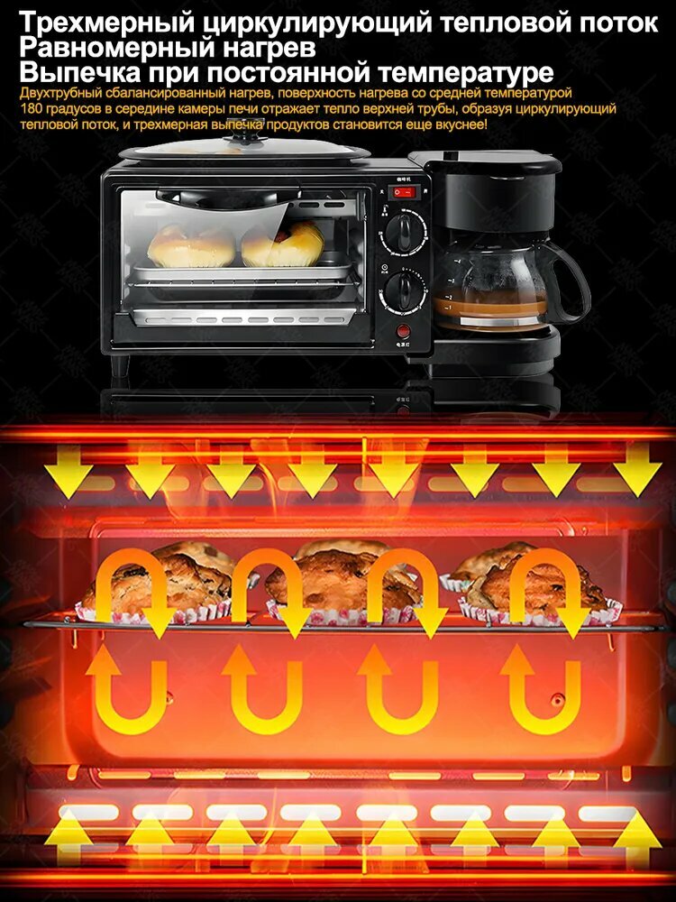 Мини-печь LOyoNN, черный, 9л, 1100Вт, механическое управление, 230°C, 3 режима работы, Китай — фото 1