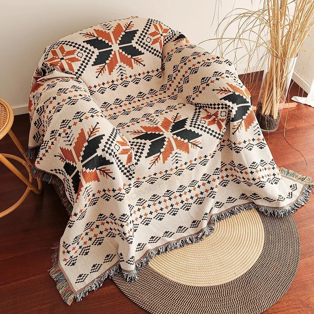 Плед Aztec boho из полиэстера/хлопка 90x180cm, Orange maple leaves