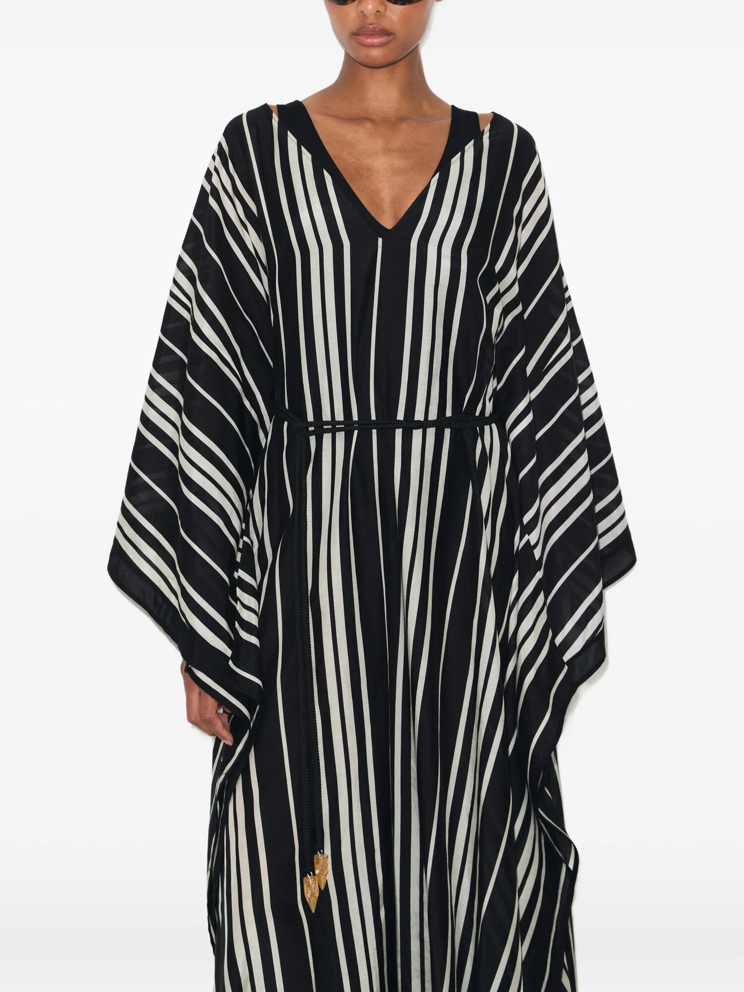 Накидка Tory Burch Belted striped silk caftan, размер L, черный — фото 1
