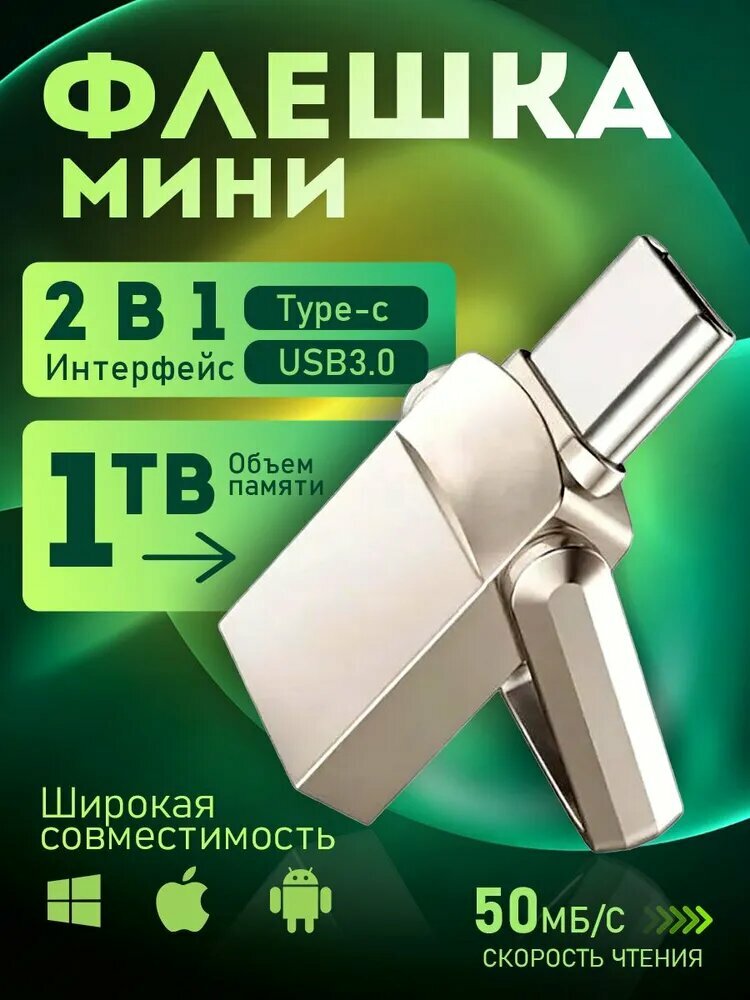 USB 2 в 1, USB 3.1 + Type-C флеш-накопитель 1 ТВ, серебристый