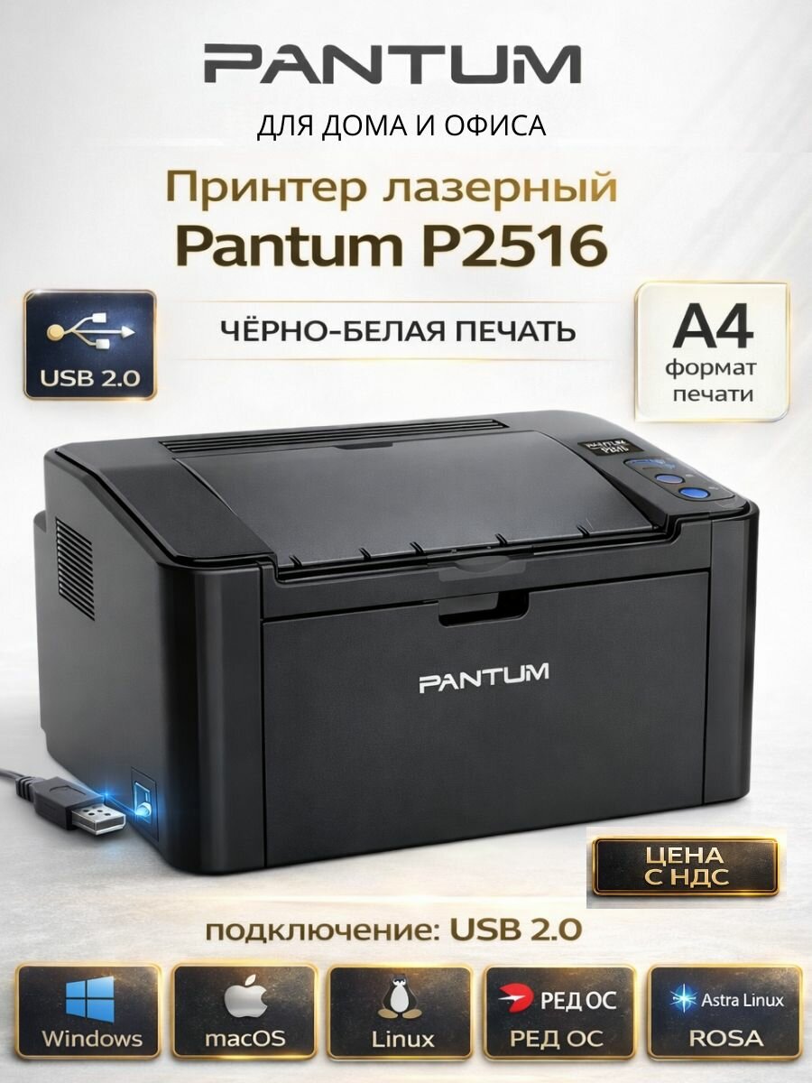 Принтер лазерный Pantum P2516, черно-белый, A4, для дома и офиса, USB