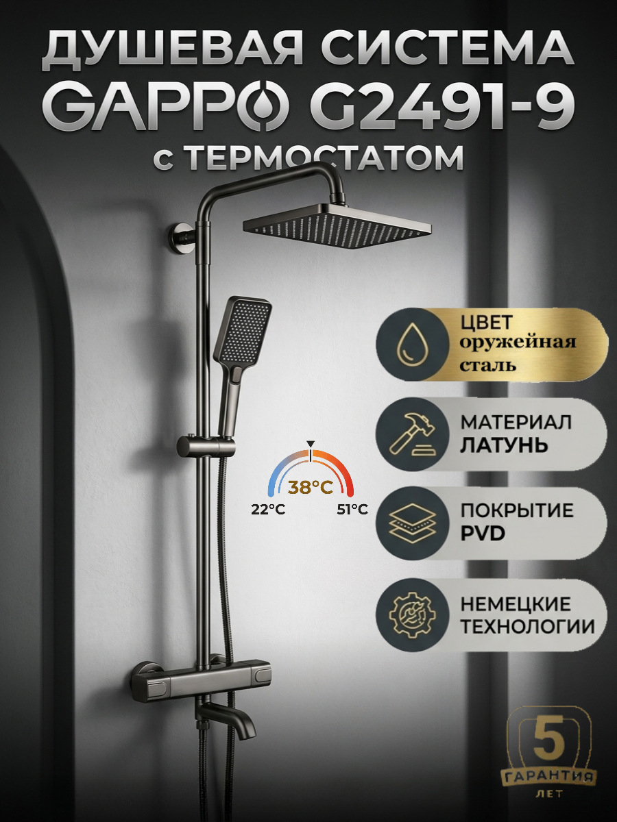 Душевая система с термостатом GAPPO G2491-9, оружейная сталь, латунь
