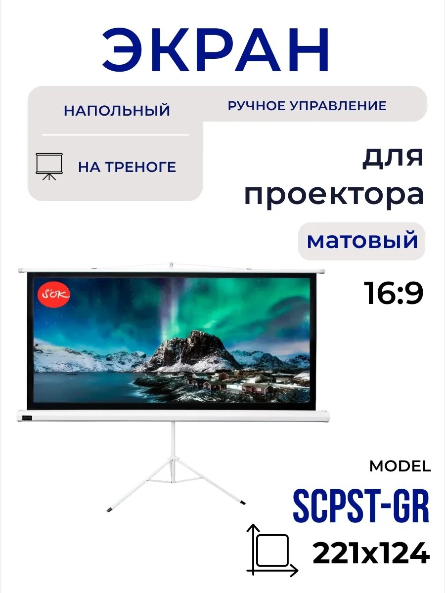 Экран для проектора S'OK SCPST-221x124GR 100 16:9 напольный, на треноге, матовый, серый