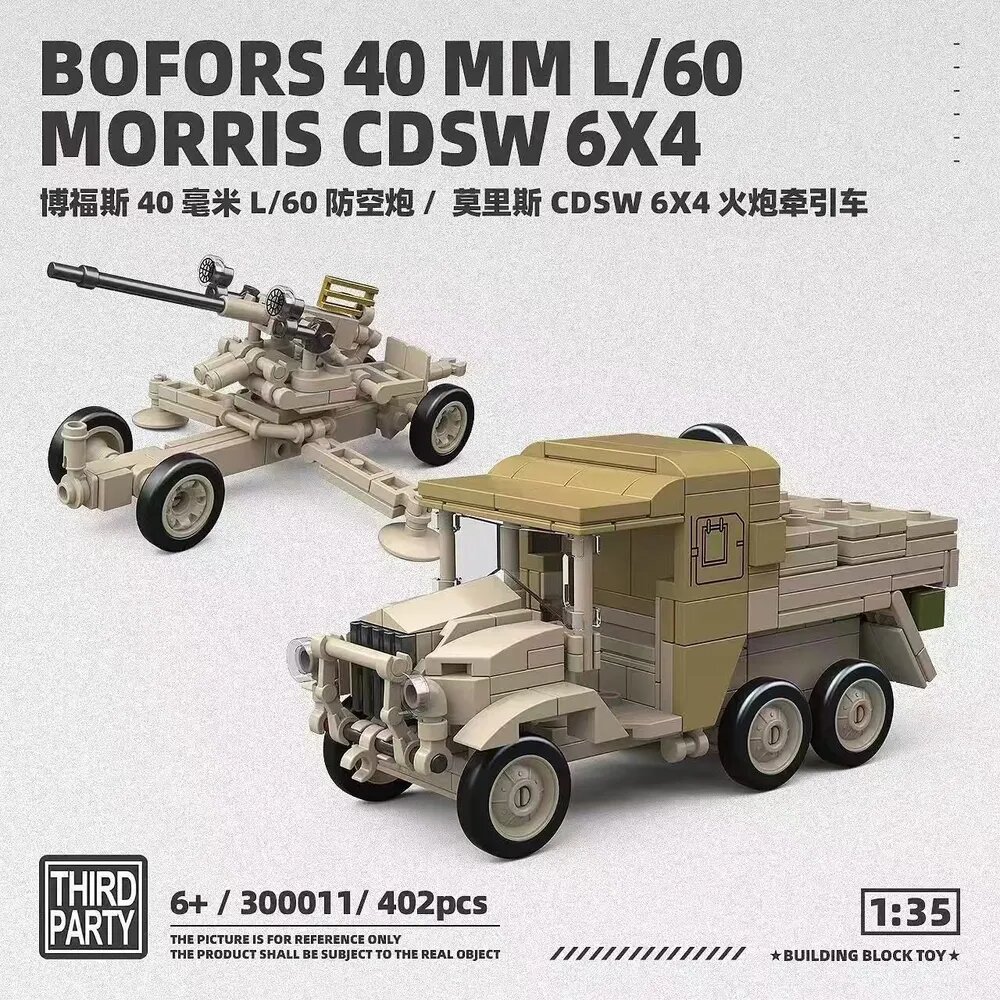 Конструктор QuanGuan - THIRD PARTY 300011: Бофорс 40mm L/60 + Моррис CDSW 6x4 / Масштаб 1:35 (402 деталей) / серия Армия WWII