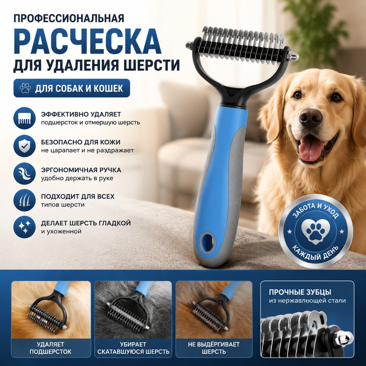 Колтунорез дешеддер для кошек и собак 2 в 1, расческа для вычесывания шерсти с вращающимися зубьями