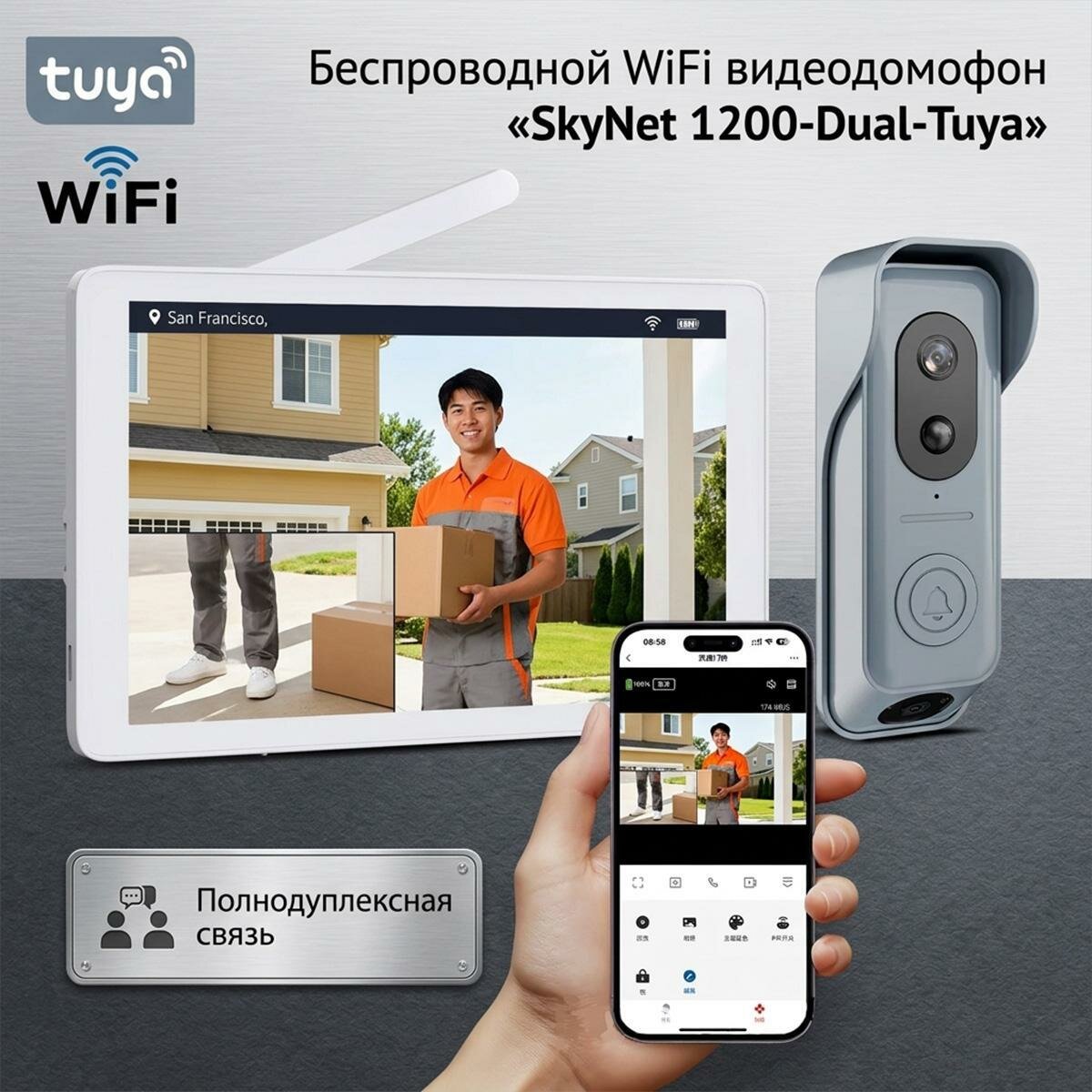 Беспроводной Wi-Fi видеодомофон SkyNet Dual-1200 TuyaLink (E2686EU) с 8-дюймовым сенсорным Full HD монитором, двумя камерами, поддержкой Tuya и Smart
