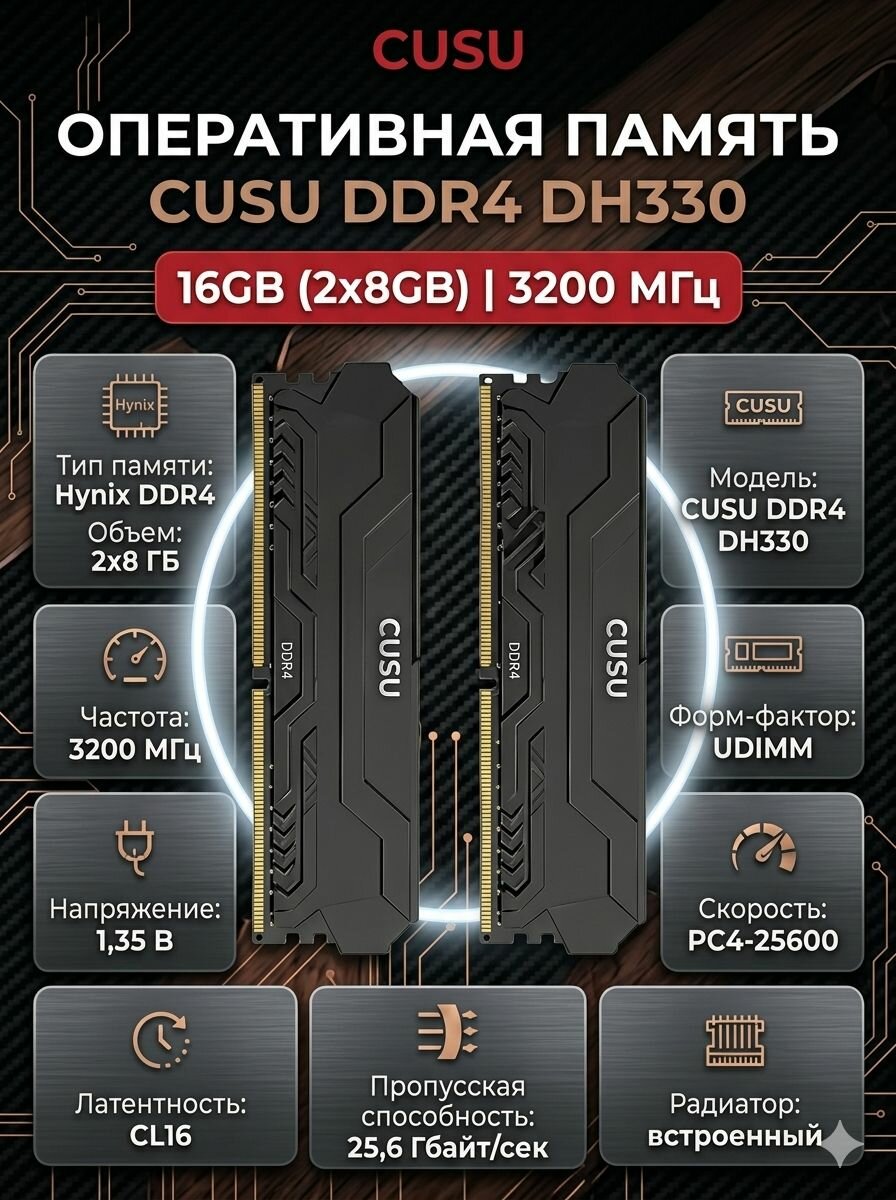 Оперативная память DDR4 16GB(2x8Gb) 3200MHz Cusu DH330