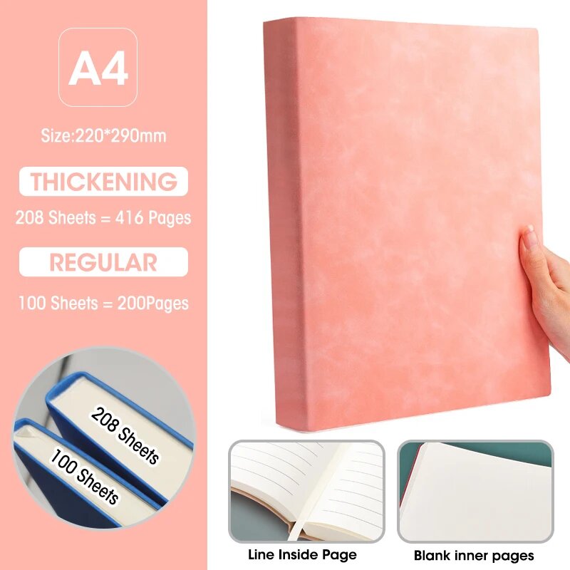 Блокнот CS-036 мягкий PU, 100/208 листов, А4 Розовый, Blank 100 Sheets, Pink