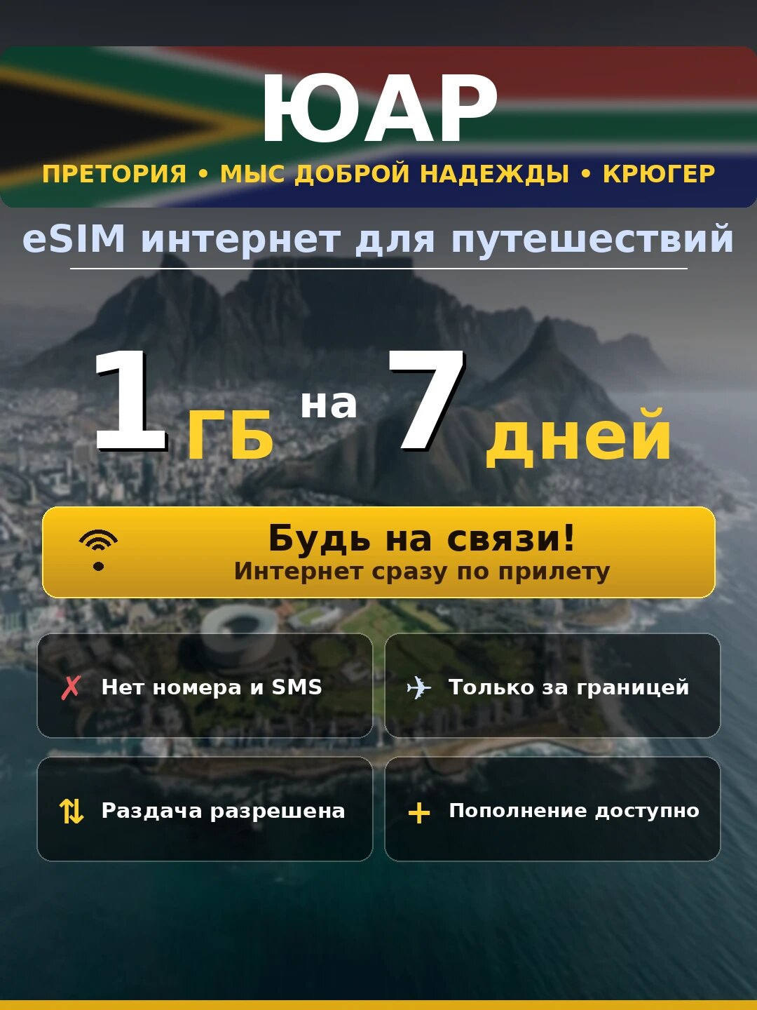 ESIM ЮАР — мобильный интернет 1 ГБ на 7 дней | виртуальная SIM-карта для путешествий
