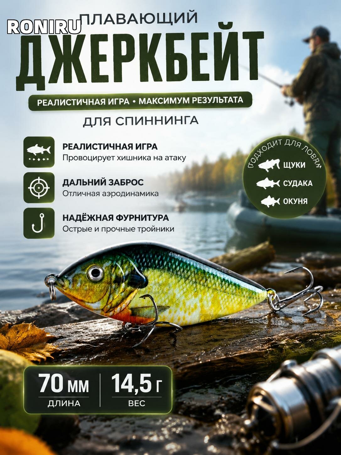 Воблер плавающий джеркбейт 70 мм 14,5 г для спиннинга — реалистичная игра для ловли щуки, судака и окуня на воде