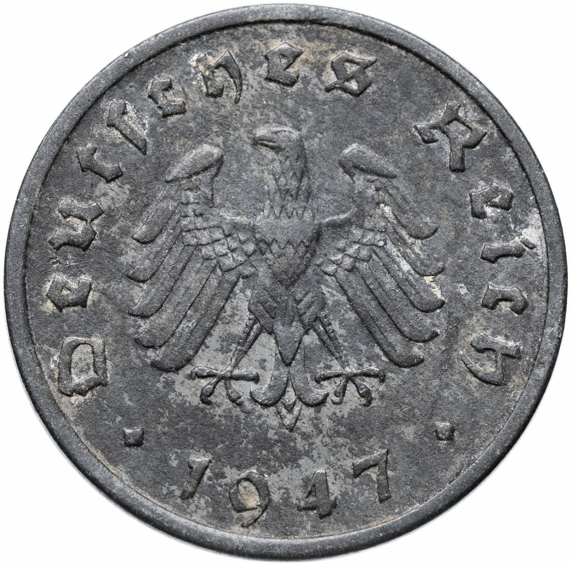 Германия, послевоенная оккупация 10 рейхспфеннигов reichspfennig 1947, знак монетного двора: "F" - Штутгарт, Цинк, в сохранности VF-XF