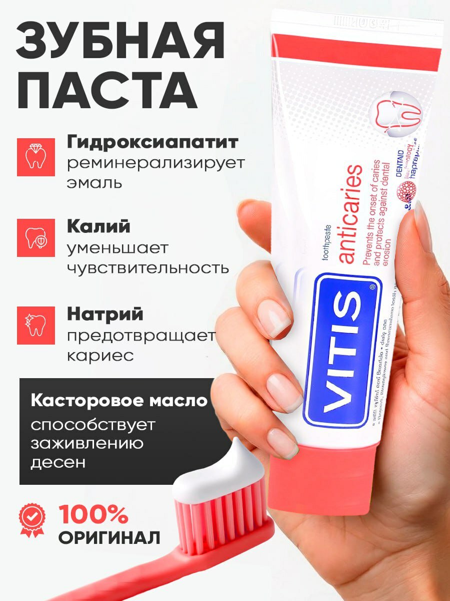 Зубная паста против кариеса VITIS Anticaries с ментоловым вкусом 100 мл укрепление эмали, антибактериальный уход, свежесть дыхания