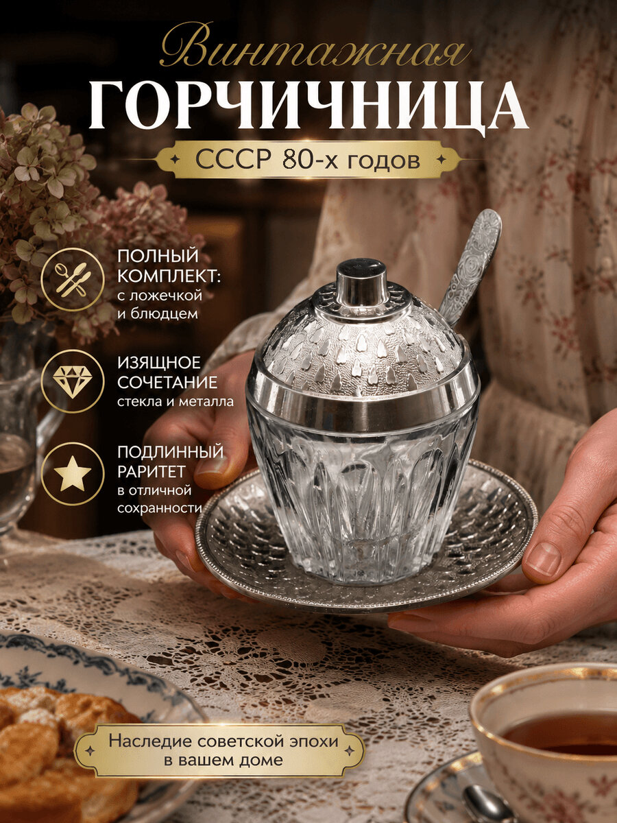 Винтажная горчичница с ложечкой и блюдцем. Металл, стекло. СССР. 70х гг.