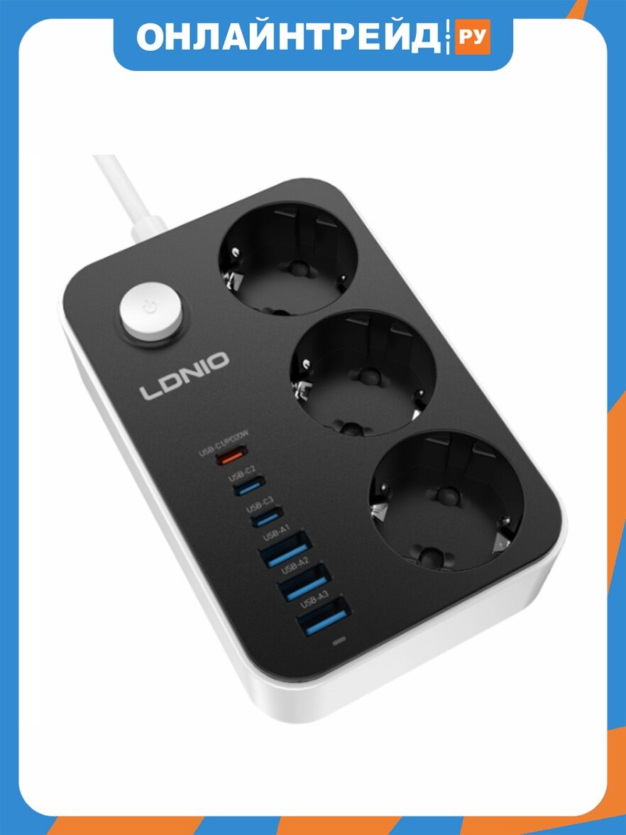 Сетевой удлинитель Ldnio SE3631C 2м, 3 розетки - 2500W, 6 USB: QC 3.0+PD 3.0 20W, Black&Gray